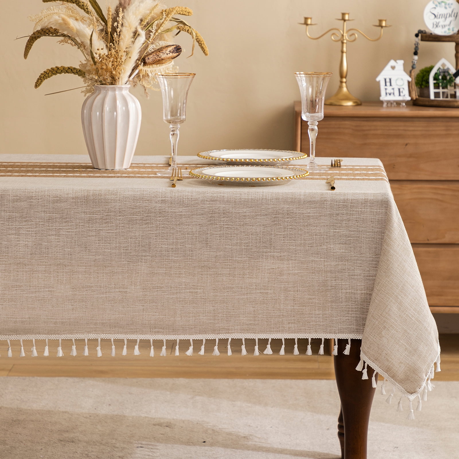 HBlife Burlap Rectangle Tablecloth with Tassel, Cotton Linen Rustic ...
