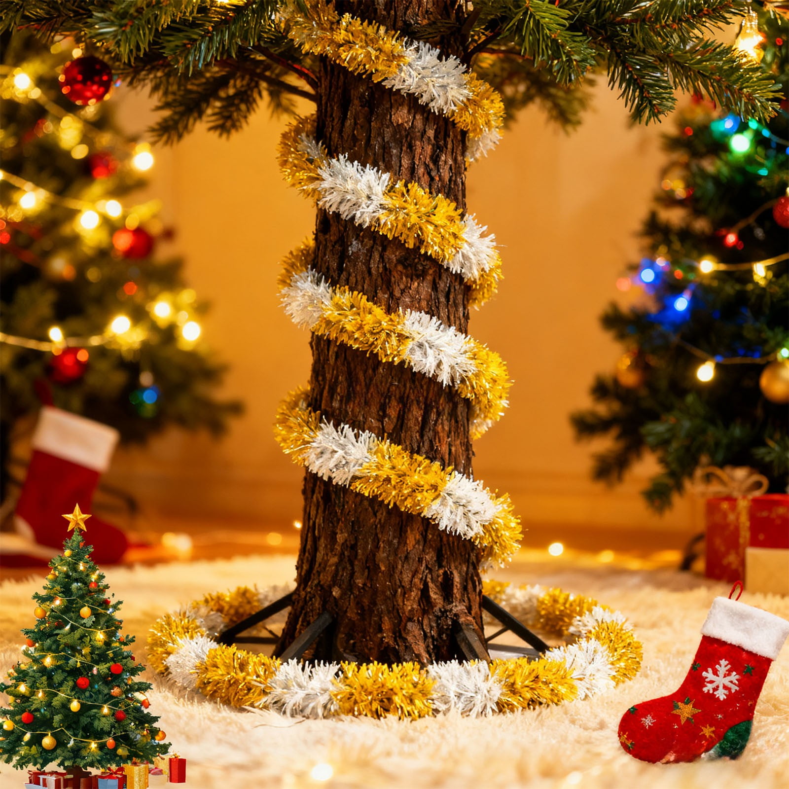 HCBY 7.5FT Christmas Gold Tinsel Striped Garland, Twist Shiny Garland ...