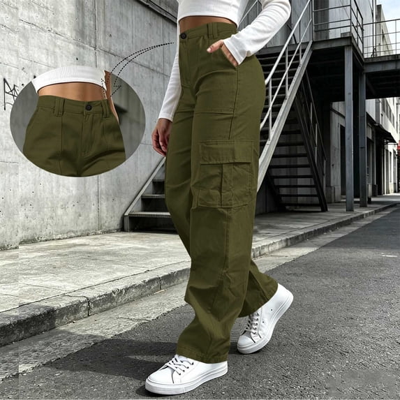 HCBY Women's High Waisted Cargo Pants Wide Leg Button Closure Flap ...