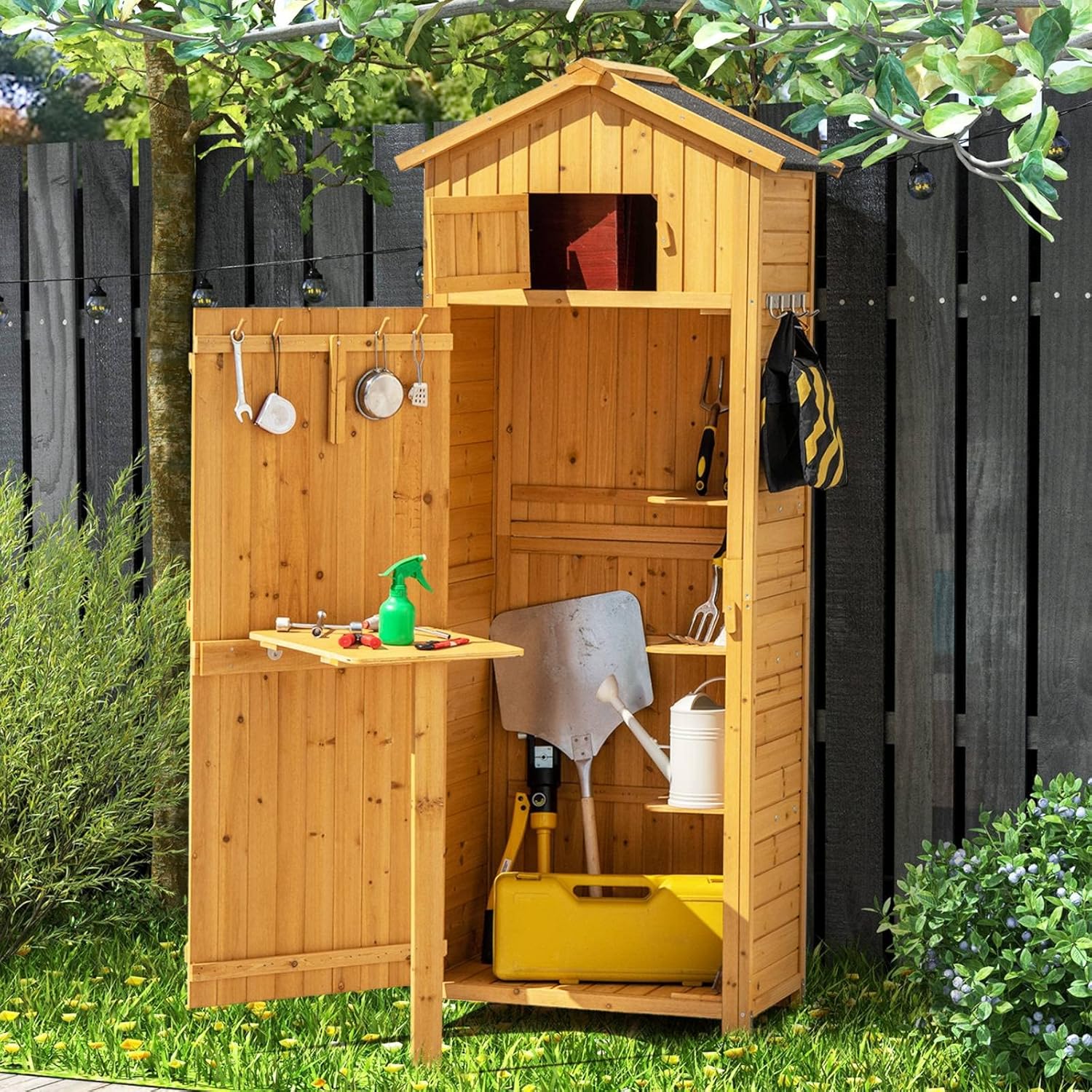 HCLQQ Outdoor Wooden Storage Shed, 71 Inches Outside Vertical Tool ...