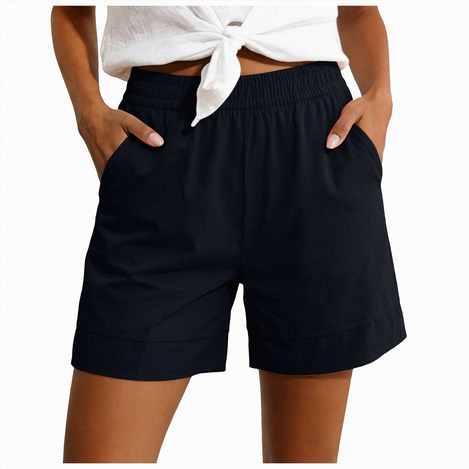 HCNTES Casual Linen Shorts for Women Drawstring Elastic Waist Split ...