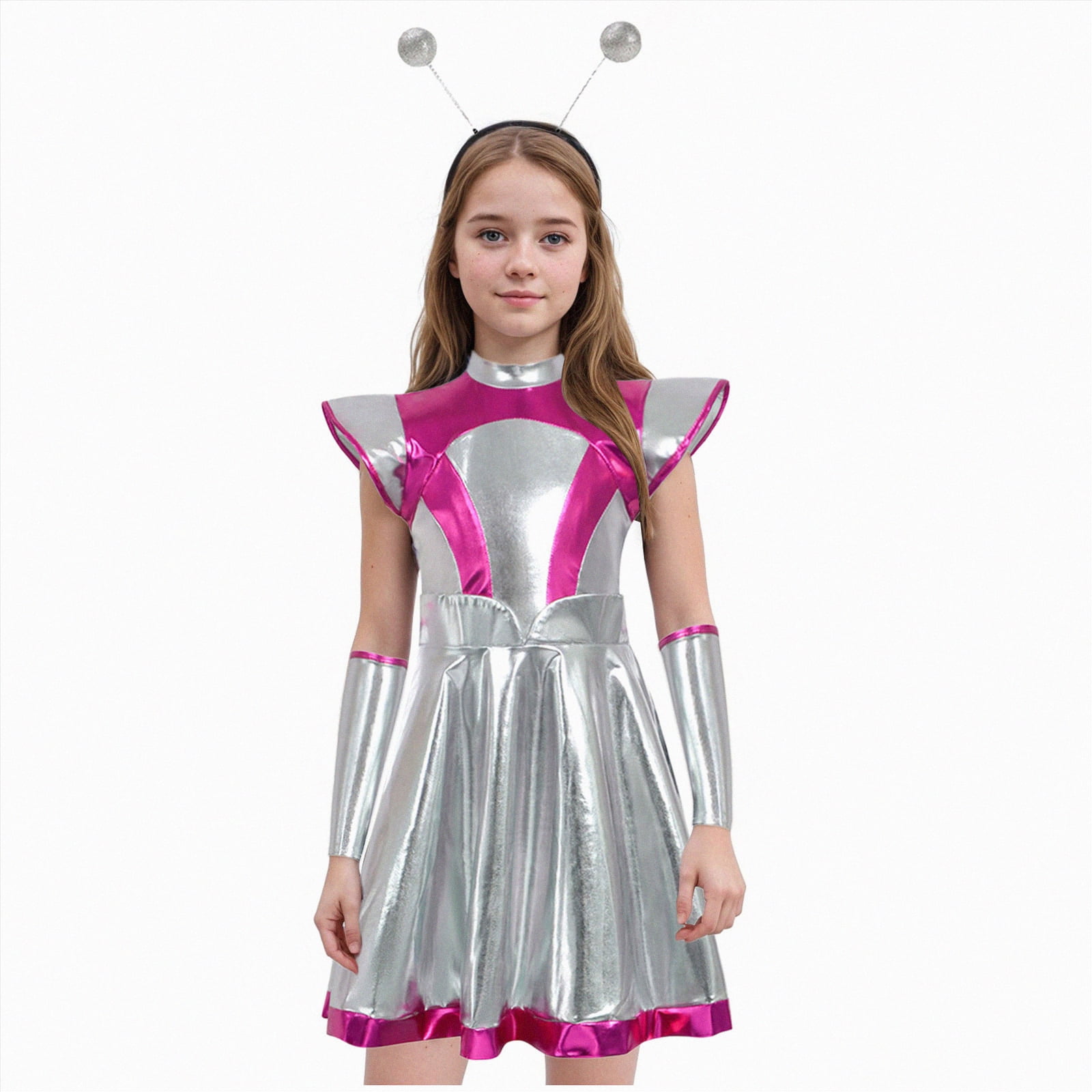 HCNTES Girls Alien Halloween Space Man Dress Up Metallic Dress With Arm ...
