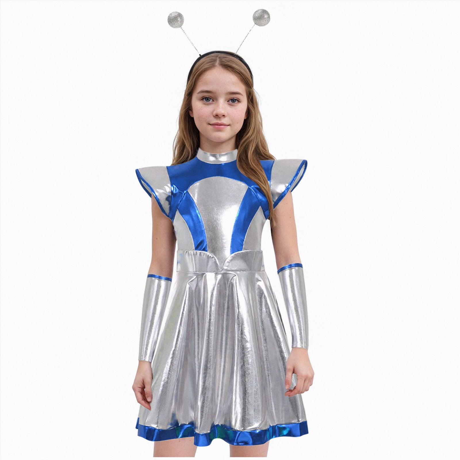 HCNTES Girls Alien Halloween Space Man Dress Up Metallic Dress With Arm ...