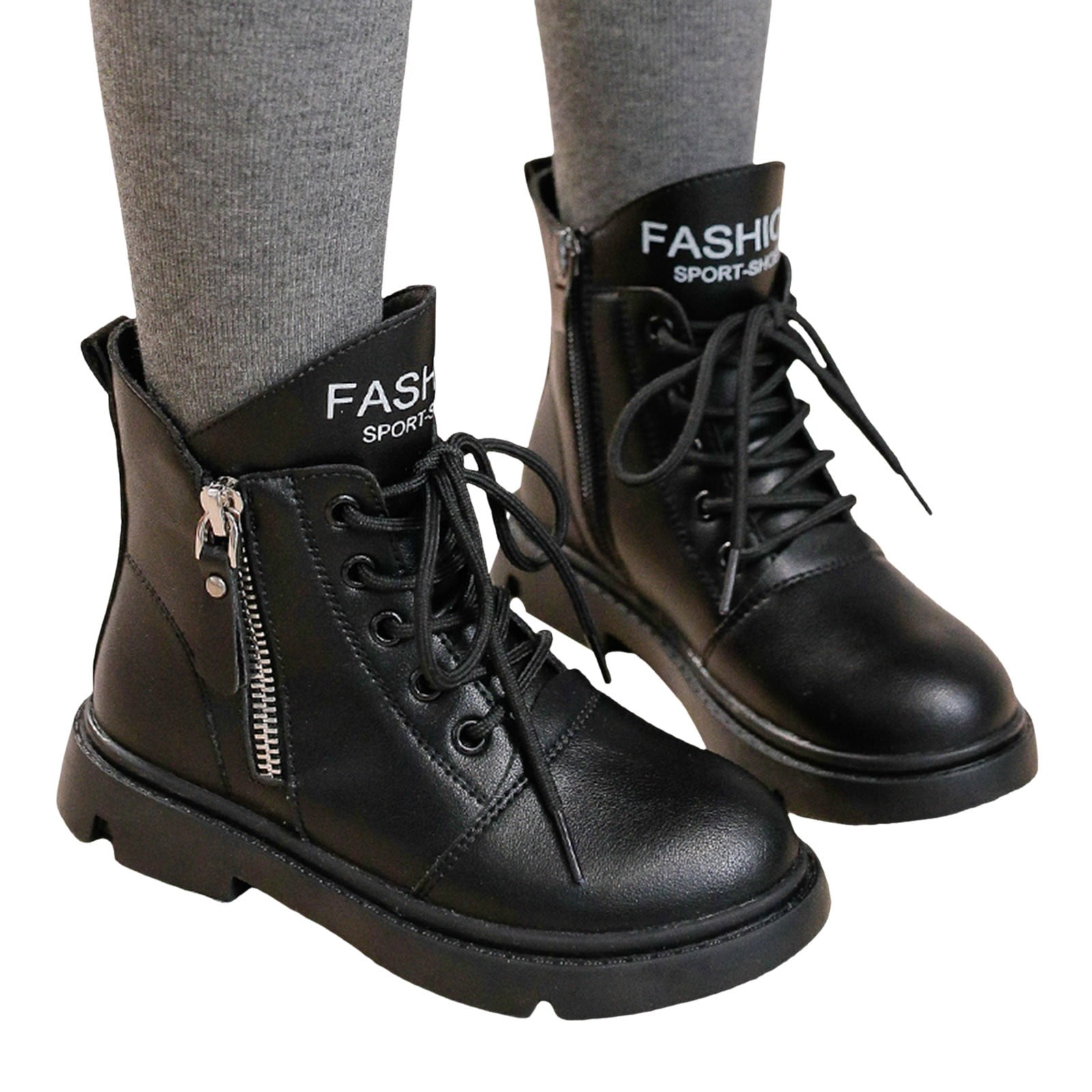 HCNTES Girls Boots Glitter Combat Boot Winter Side Zipper Lace-up ...