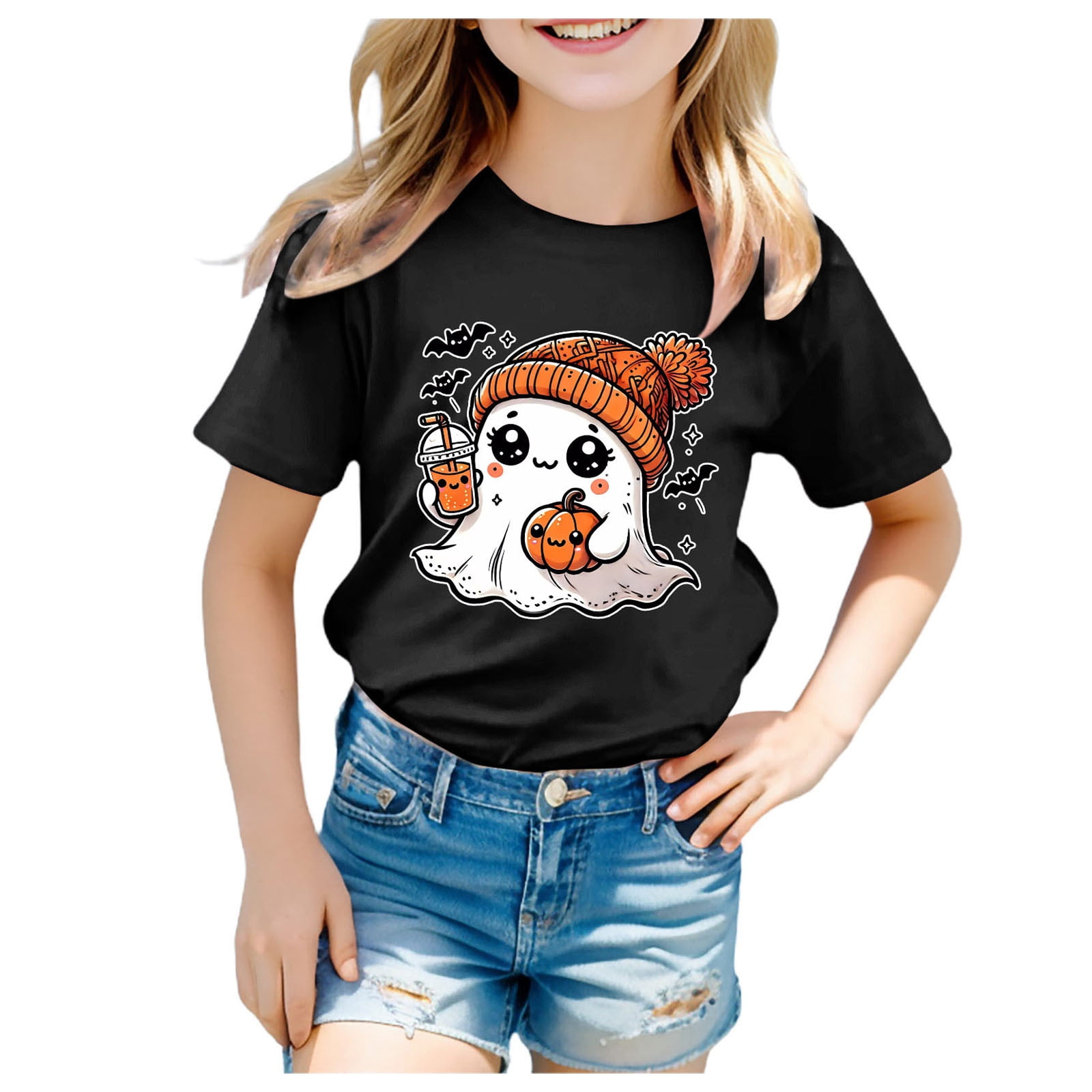 HCNTES Girls Halloween T-Shirt Ghost Shirts Spooky Season Kids Graphic ...