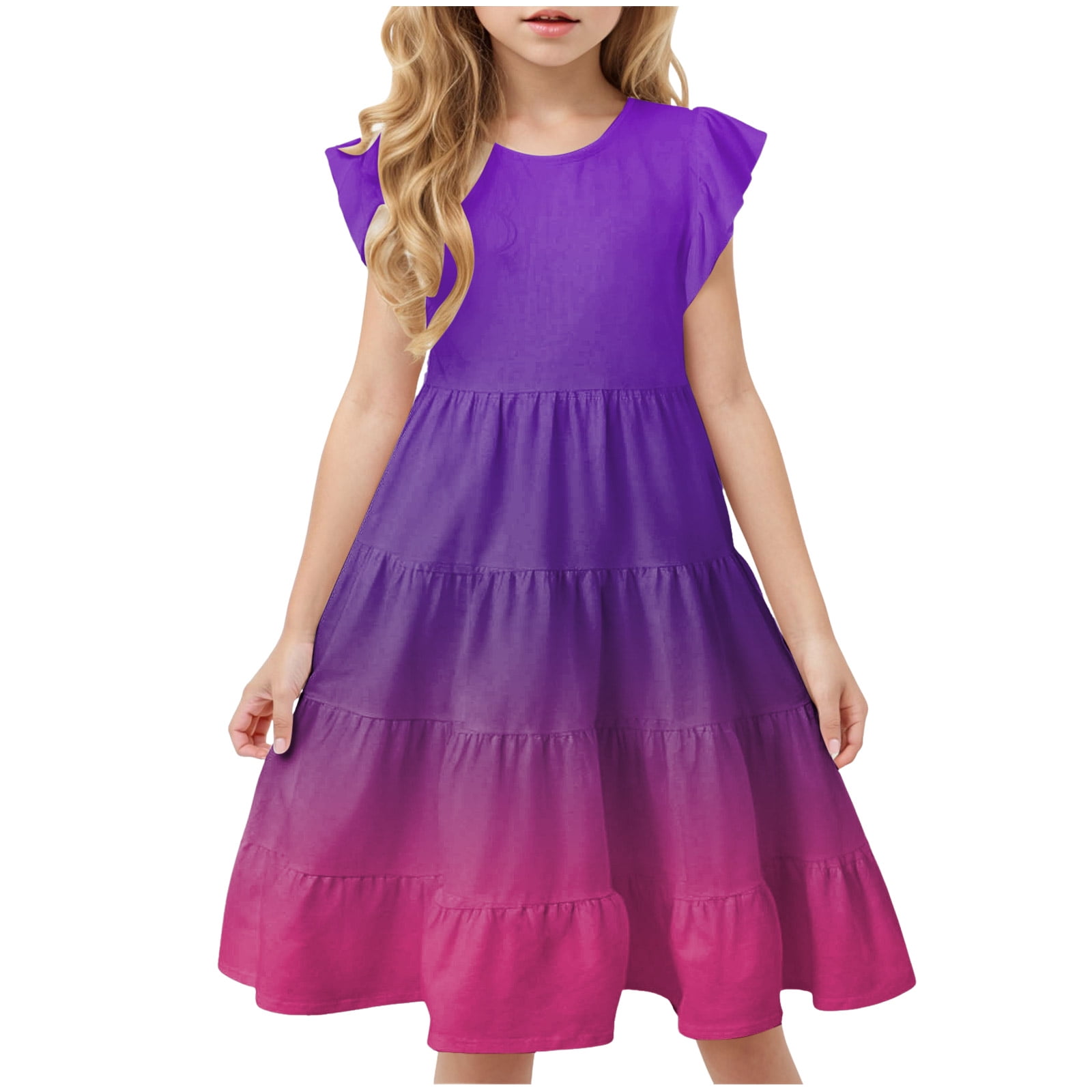 HCNTES Girls Summer Boho Sun Dress Flutter Sleeve Tween Ruffles Tiered ...