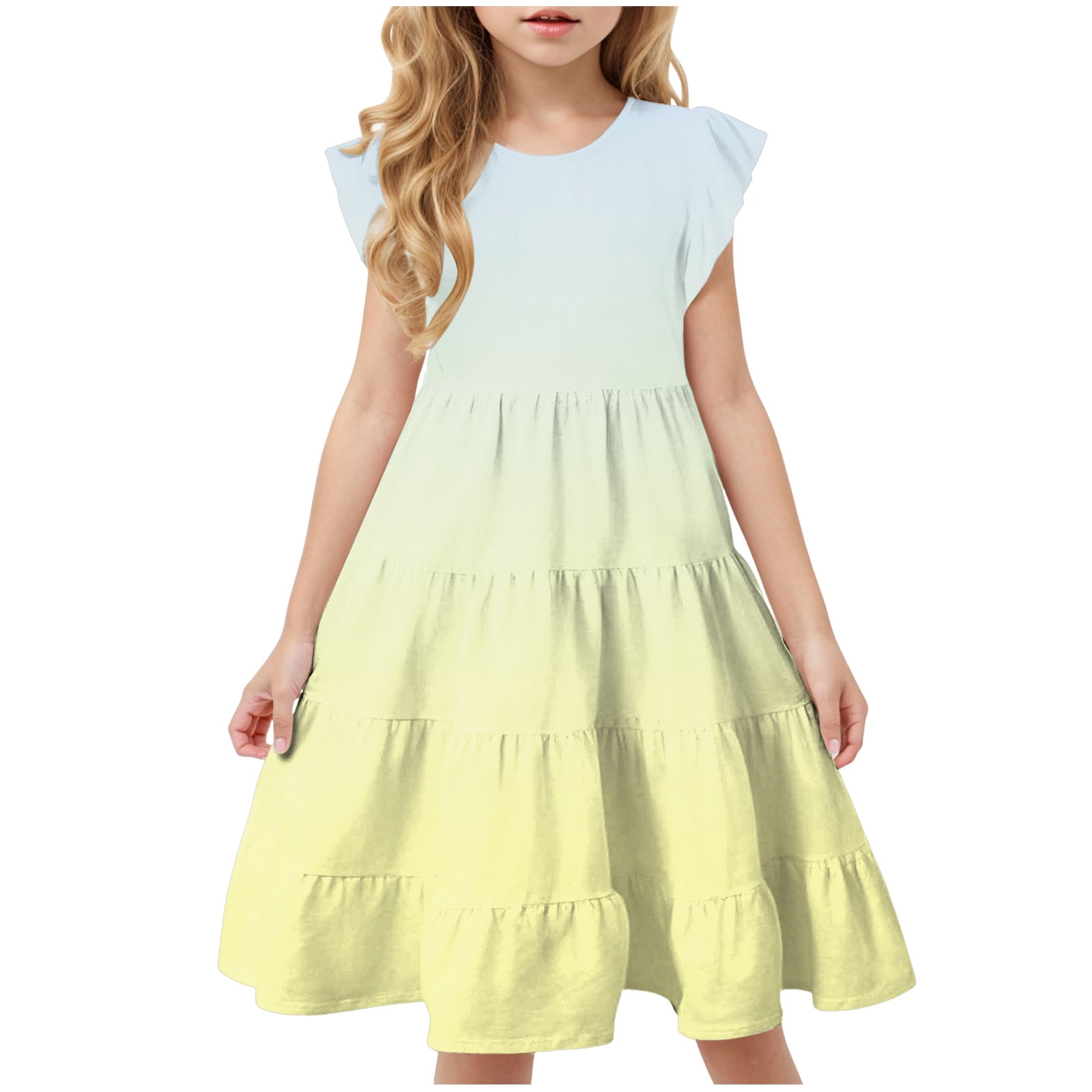 HCNTES Girls Summer Boho Sun Dress Flutter Sleeve Tween Ruffles Tiered ...