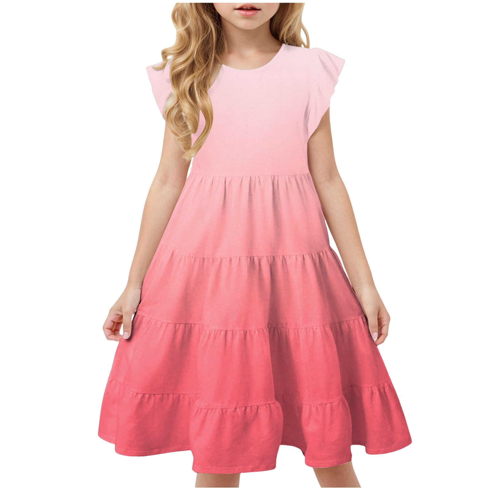 HCNTES Girls Summer Boho Sun Dress Flutter Sleeve Tween Ruffles Tiered ...