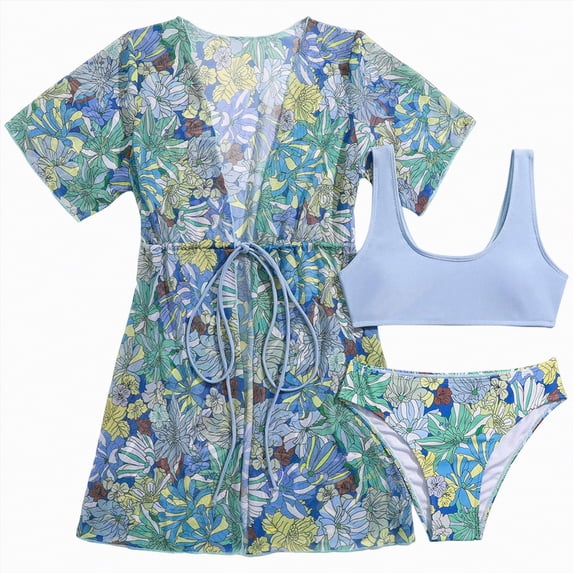 HCNTES Girls Swimsuits 3 Piece Bathing Suit Allover Printed Criss Cross ...