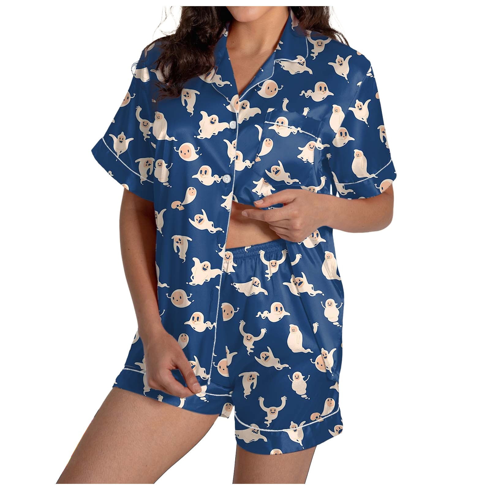 HCNTES Halloween Pajamas Women Fall Costume Graphic Button Up ...