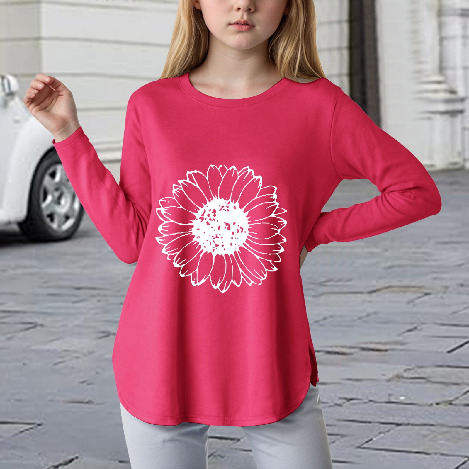 HCNTES Long Sleeve Shirts Kids Curve Hem Side Slit Soft Tunic Tops ...