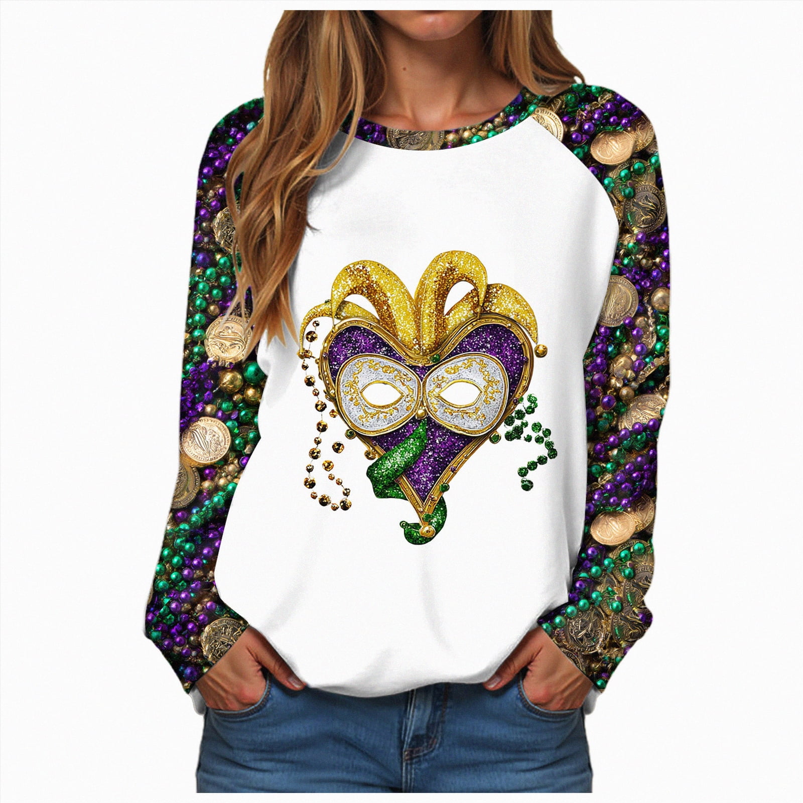 HCNTES Mardi Gras Sweatshirts for Women Mardi Graphic Long Sleeve Fat ...