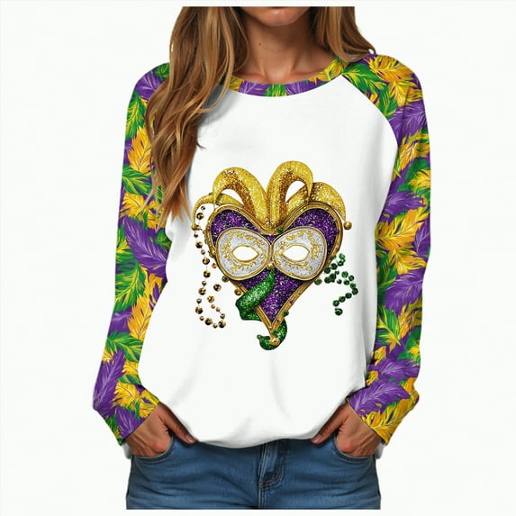 HCNTES Mardi Gras Sweatshirts for Women Mardi Graphic Long Sleeve Fat ...