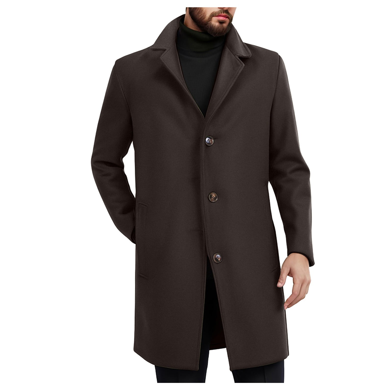 HCNTES Men's Wool Blend Pea Coat Notched Collar Single Overcoat Warm ...