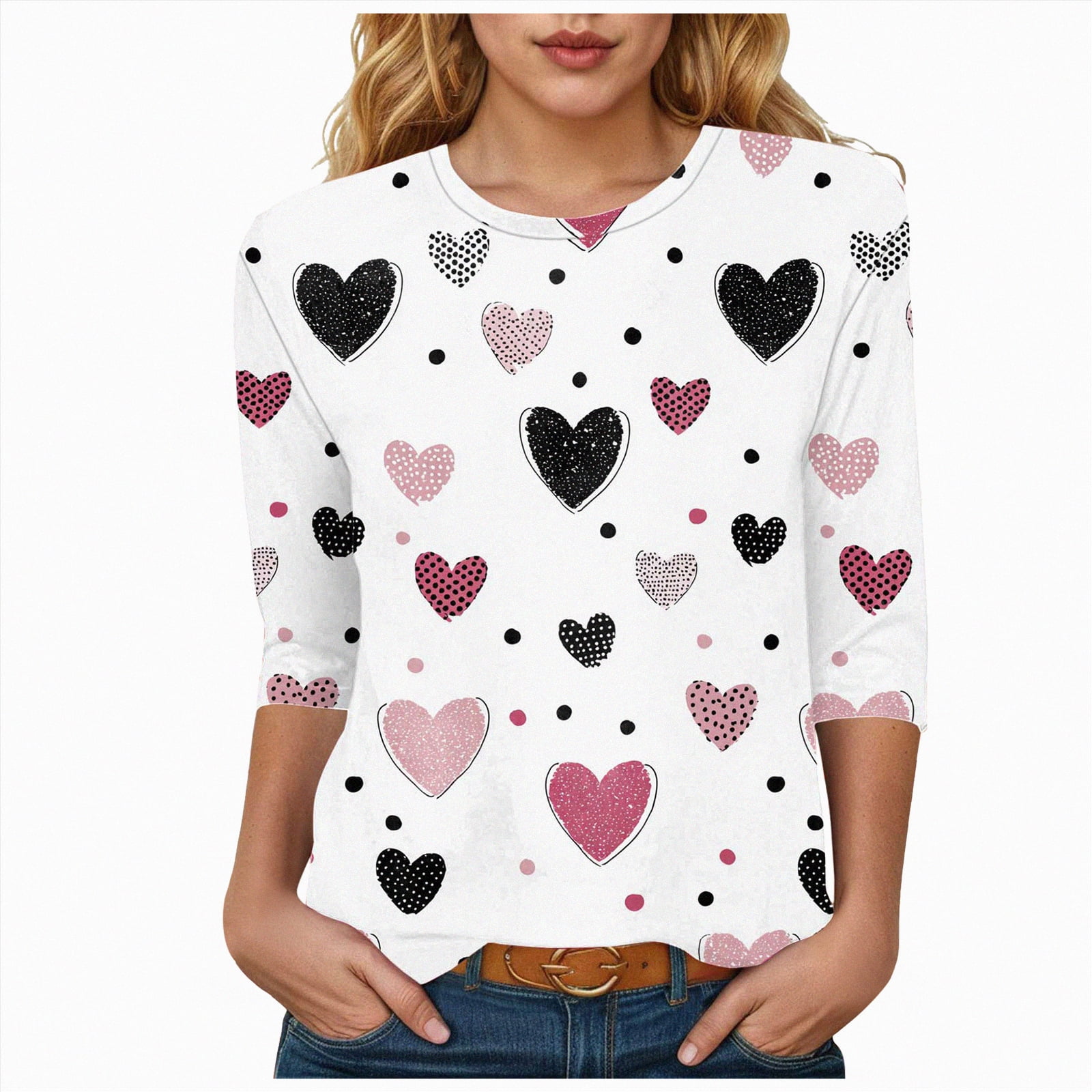 HCNTES Valentine 3/4 Sleeve V Neck T Shirts for Women Love Heart ...