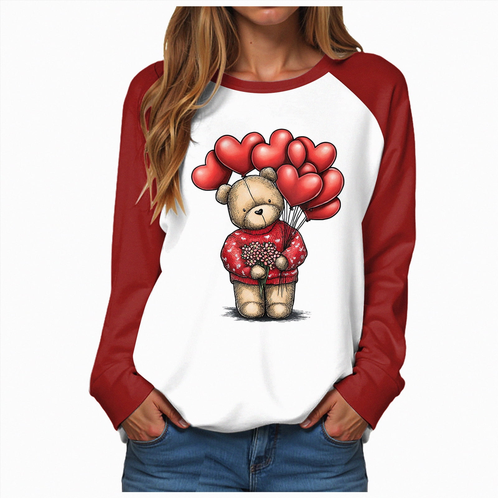 HCNTES Womens Ladies Valentine Day Long Sleeve Love Heart Top ...