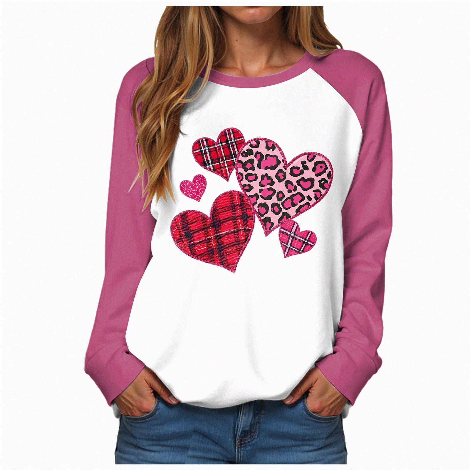 HCNTES Womens Ladies Valentine Long Sleeve Love Heart Print Crew Neck ...