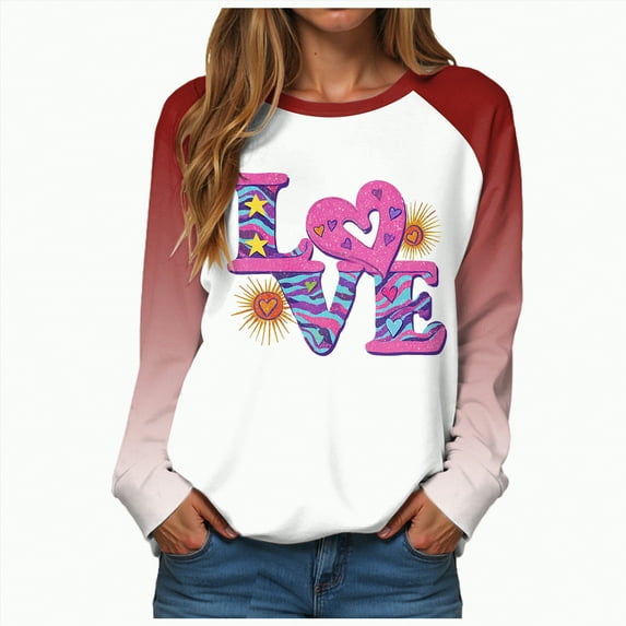 HCNTES Womens Ladies Valentine Long Sleeve Love Heart Print Crew Neck ...