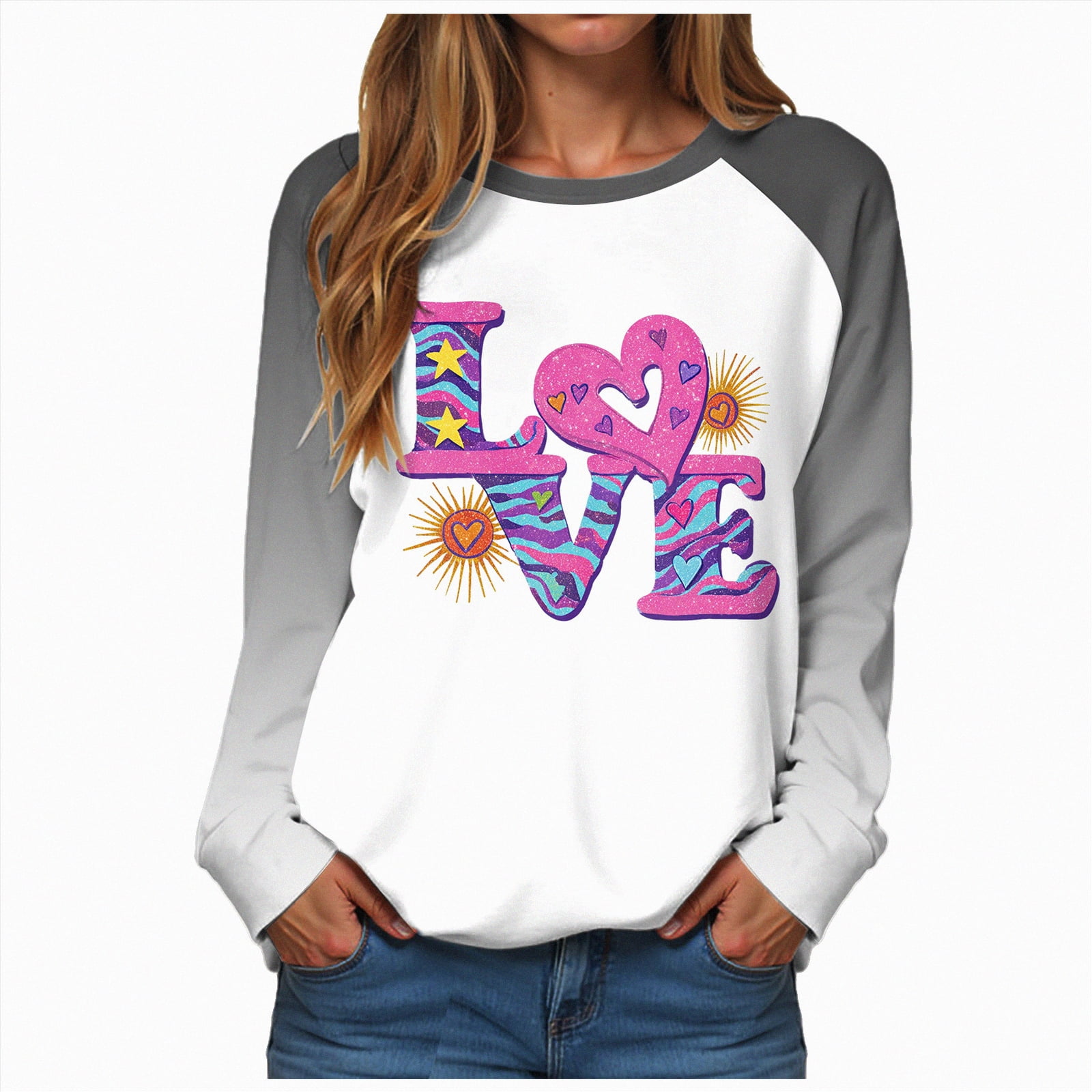 HCNTES Womens Ladies Valentine Spring Long Sleeve Love Heart Print ...