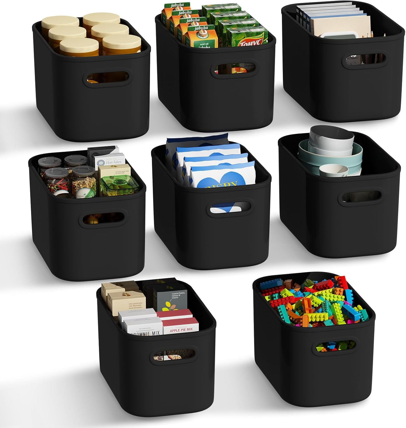 HCOCM 8 Pack Black Storage Bins with Lids for Shelves Plastic Storage Containers with Lids for ...