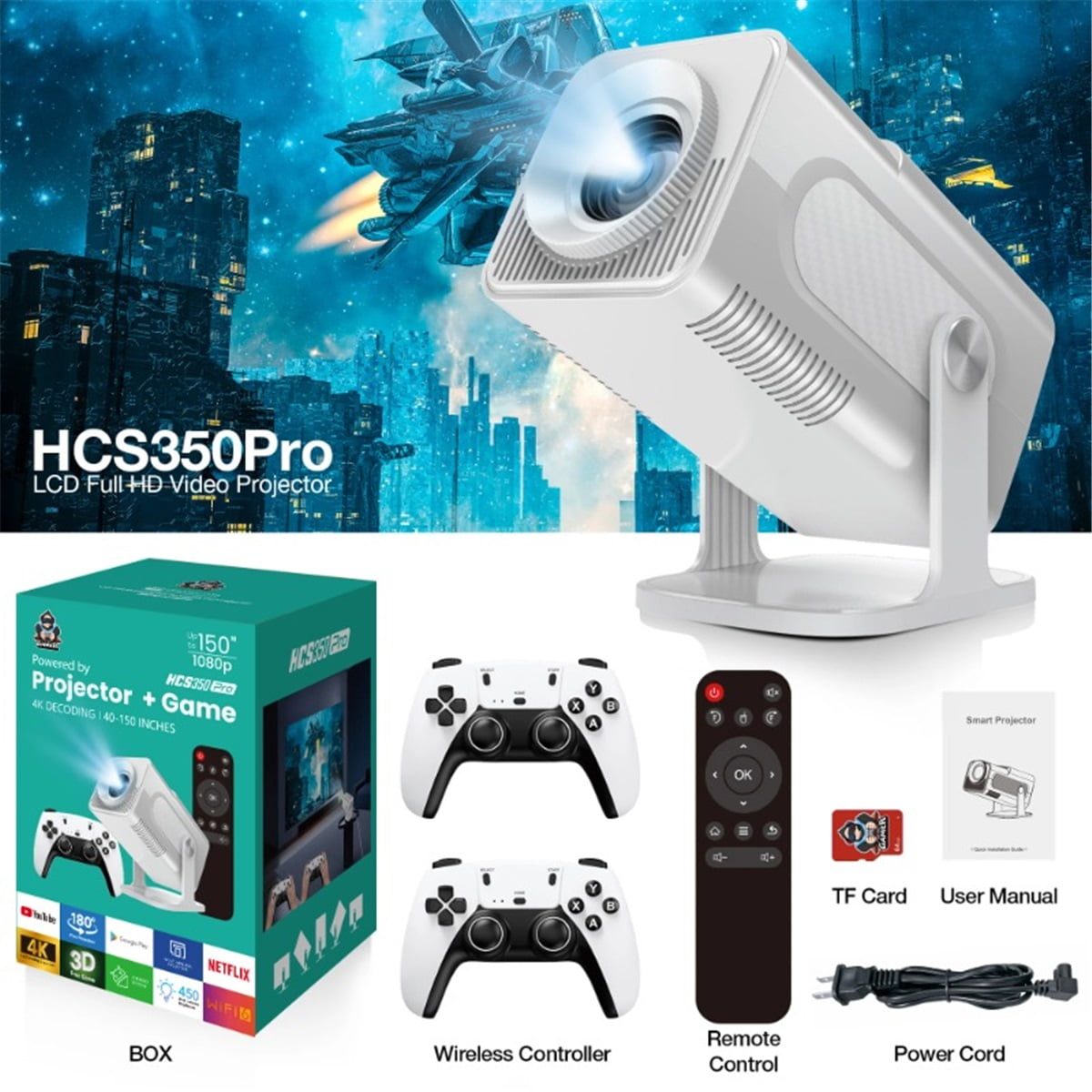 HCS350Pro Retro Game Console with Projector，4K HD Portable Projector ...