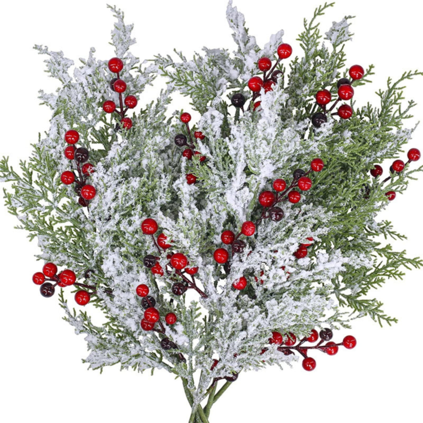 HCTSHG 6 Pcs Snowy Artificial Cedar Picks with Red Berries Frosted Faux ...