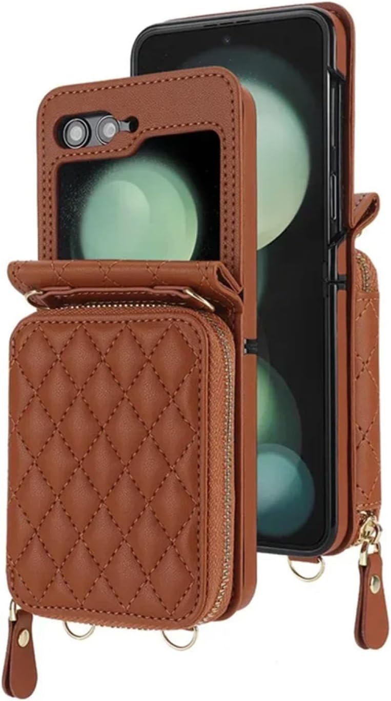 HCTian for Samsung Z Flip 5 Crossbody Lanyard Leather Zip Wallet Card ...
