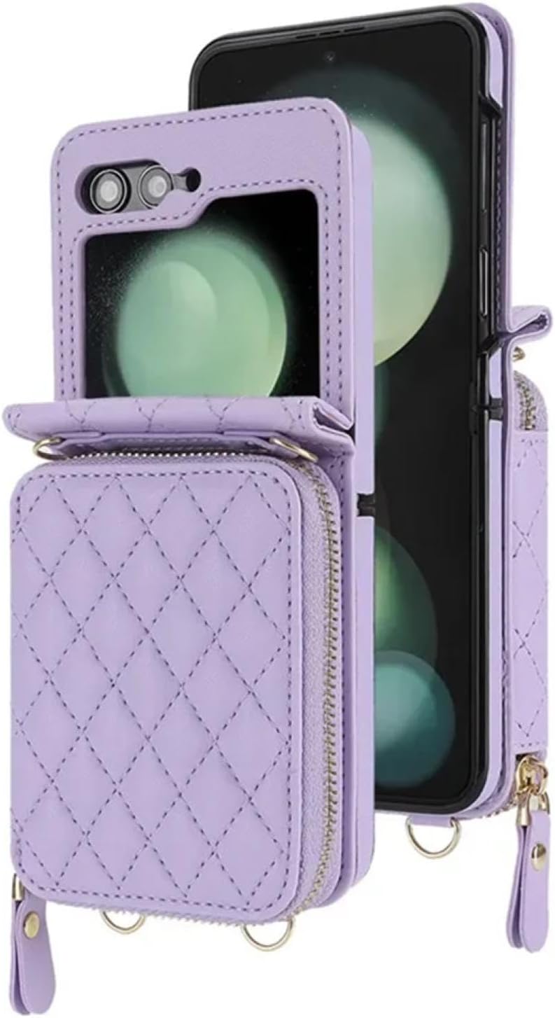 HCTian for Samsung Z Flip 6 Crossbody Lanyard Leather Zip Wallet Card ...