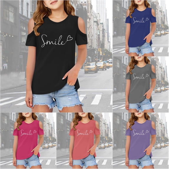 HCYSFG Girls' Cold Shoulder Graphic Print Shirt Crew Neck Short Sleeve ...