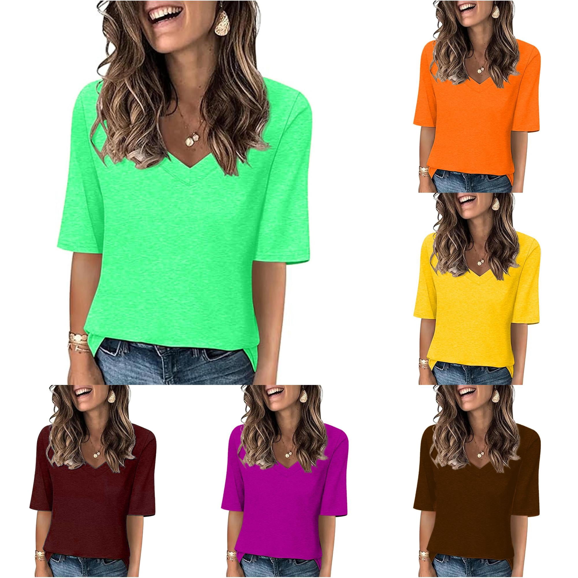 HCYSFG Women Solid Color Shirt 3/4 Sleeve V Neck Oversized Mid Length ...