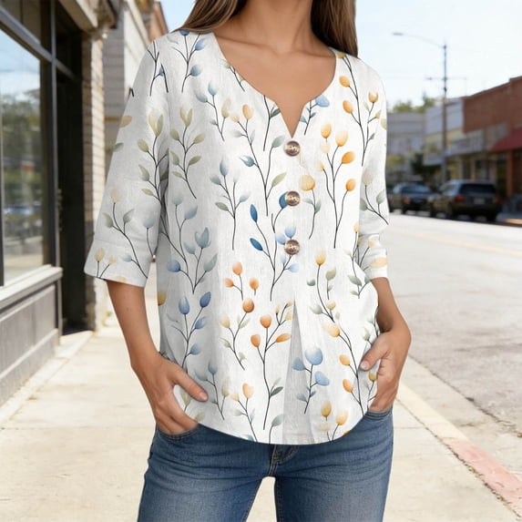 HCYSFG Womens Fashion Floral Print Top V Neck Button Shirt 3/4 Sleeve ...