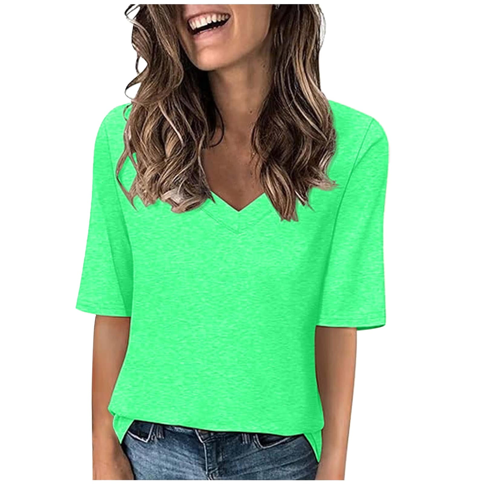 Trendfront Womens V Neck Elbow Sleeve Tops Oversized Loose Fit Solid ...