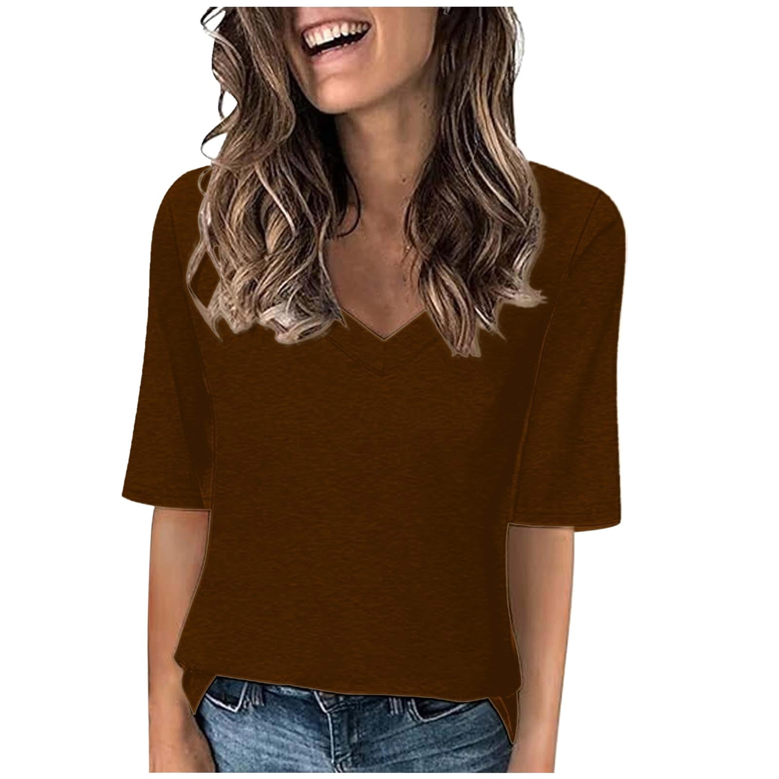 Trendfront Womens V Neck Elbow Sleeve Tops Oversized Loose Fit Solid ...