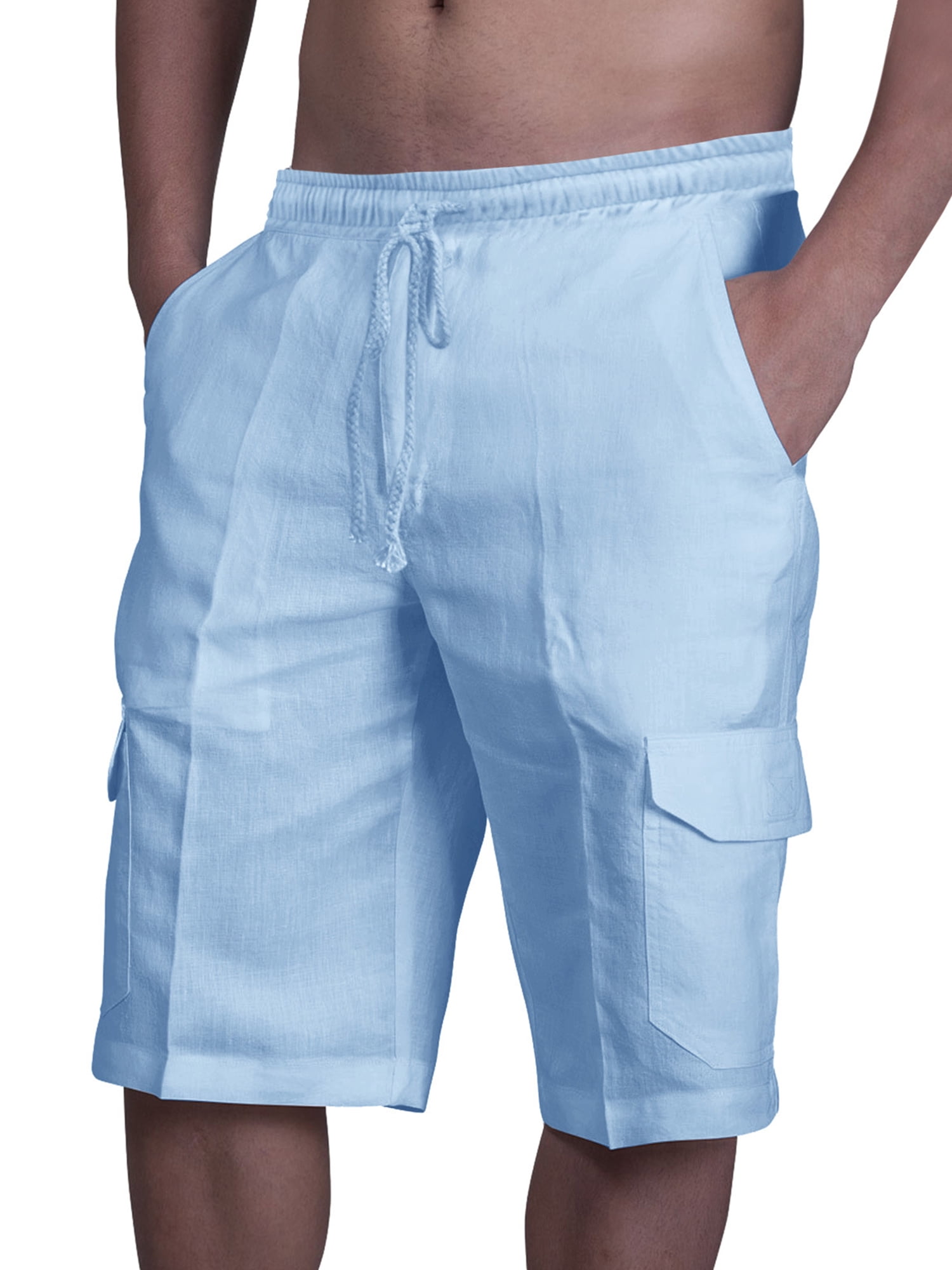 HCgsss Men's Casual Slash Pockets Drawstring Elastic Waist Cotton Linen ...