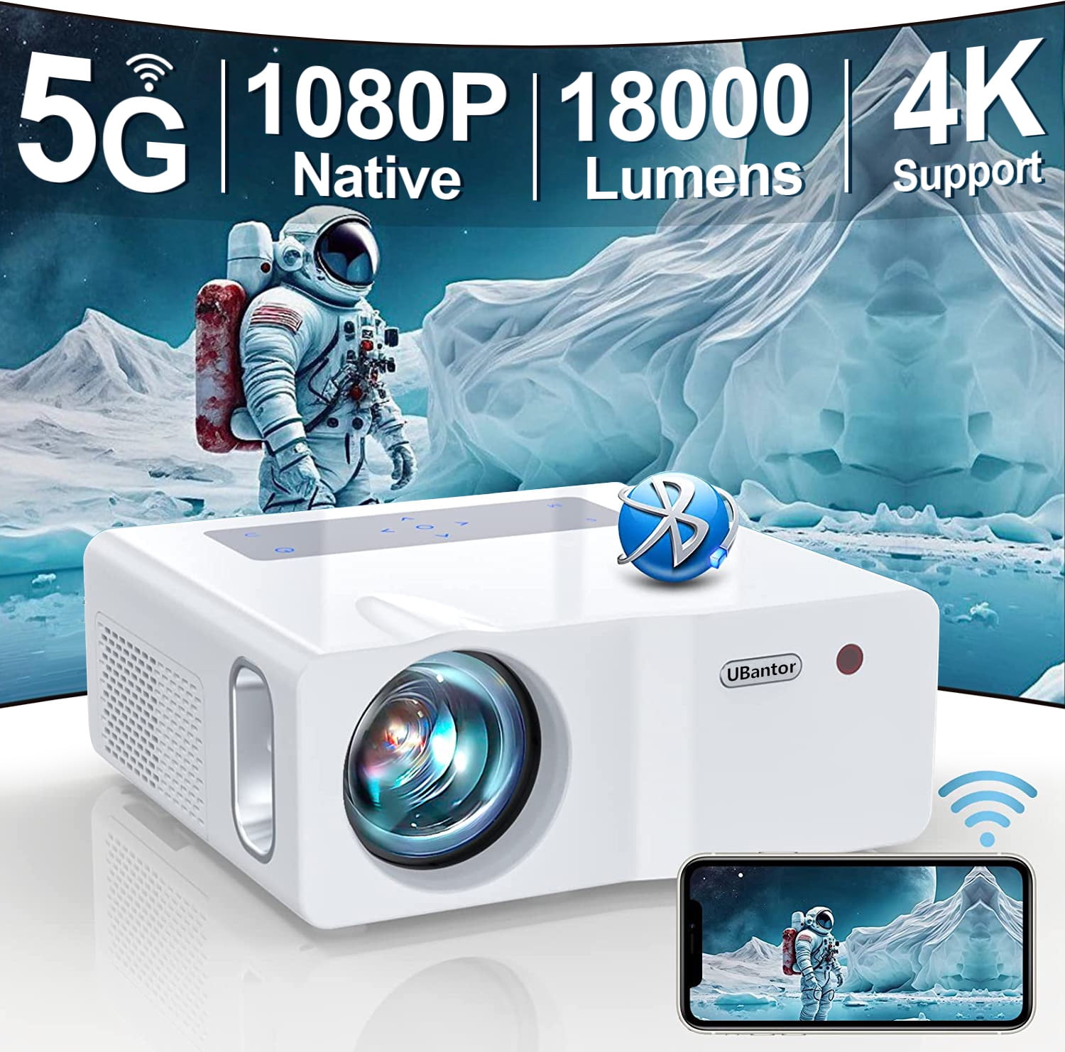 Ubantor HD 1080P Projector, 5G WiFi, Bluetooth, 18000LM 4K, 450 ...