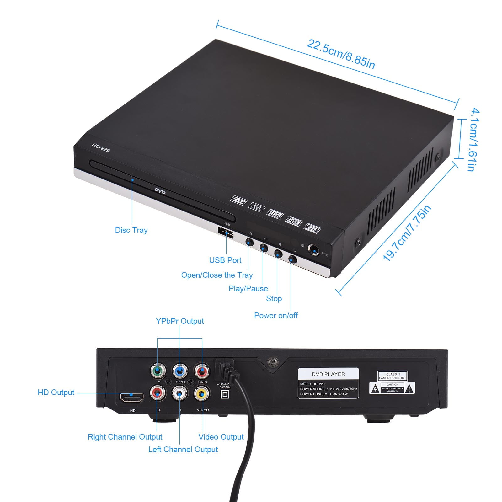 HD-229 Home DVD Player, DVD Disc Player with Remote Control, HD AV ...