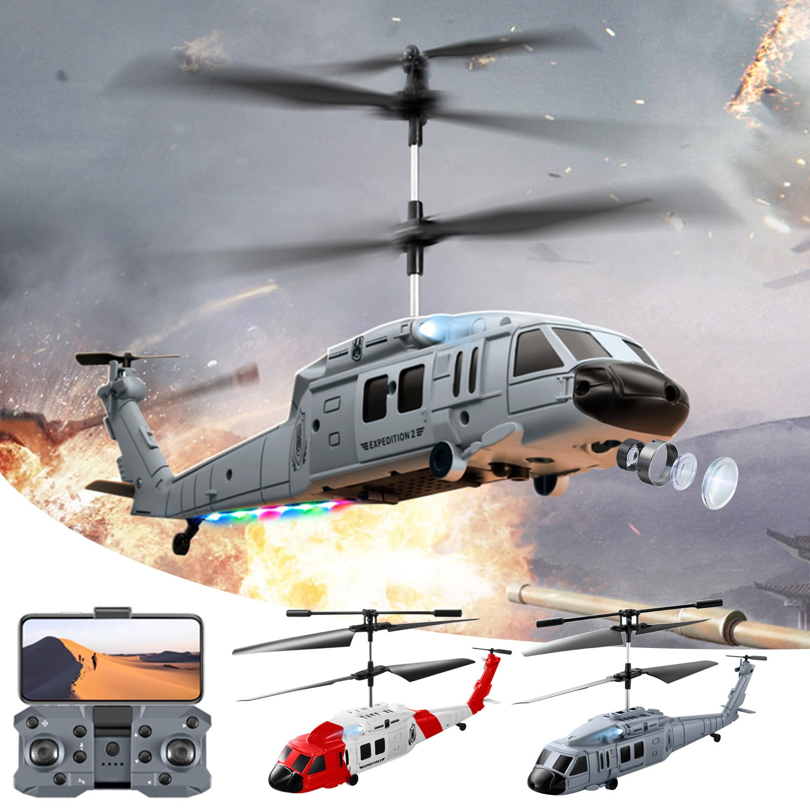 HD Camera RC Helicopter, 2.4GHz 3.5CH, Obstacle Avoidance, LED Lights ...