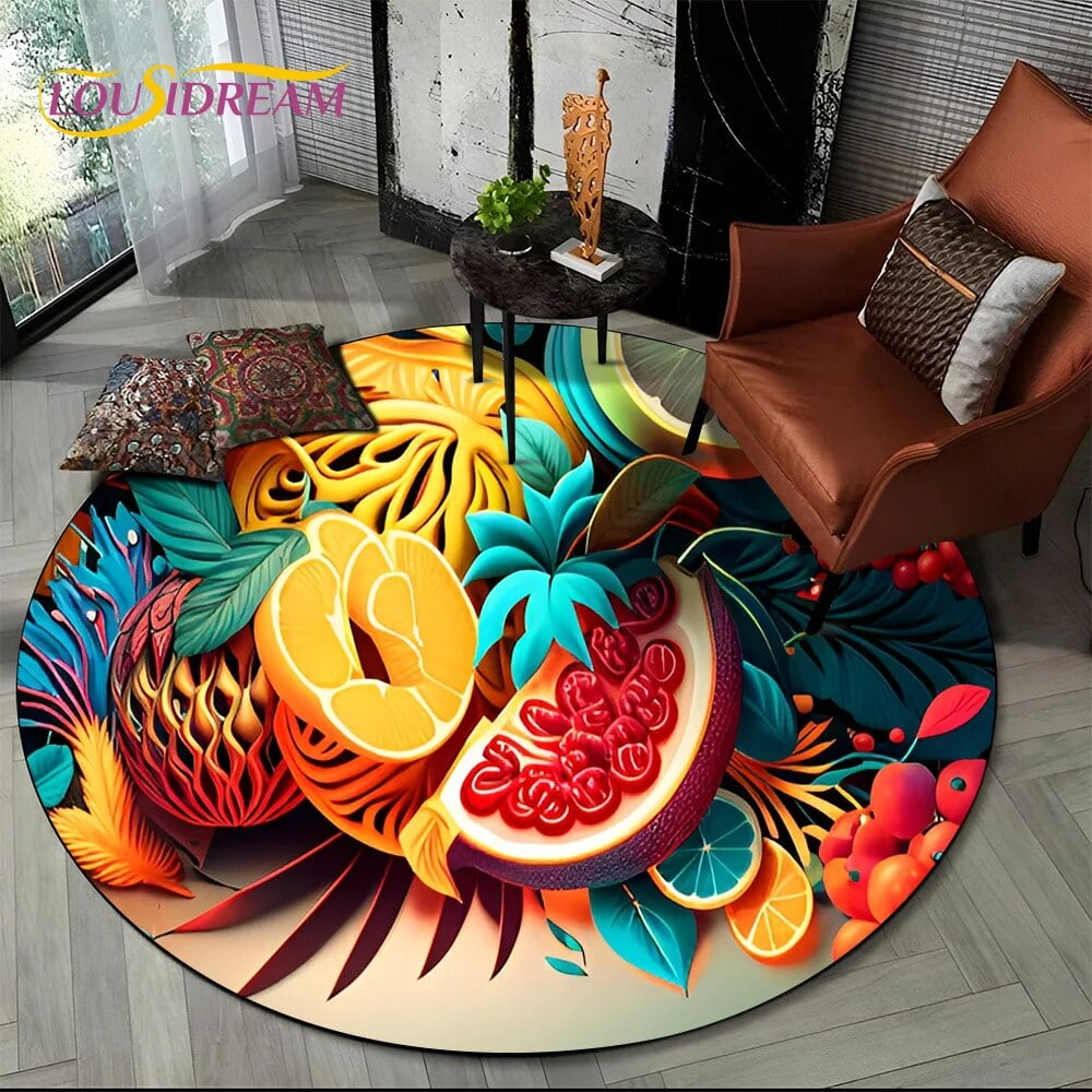 HD Cartoon Cute Tropical Fruits 3D Round Carpet Rug for Living Room ...