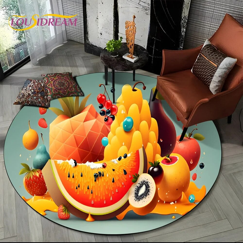 HD Cartoon Cute Tropical Fruits 3D Round Carpet Rug for Living Room ...