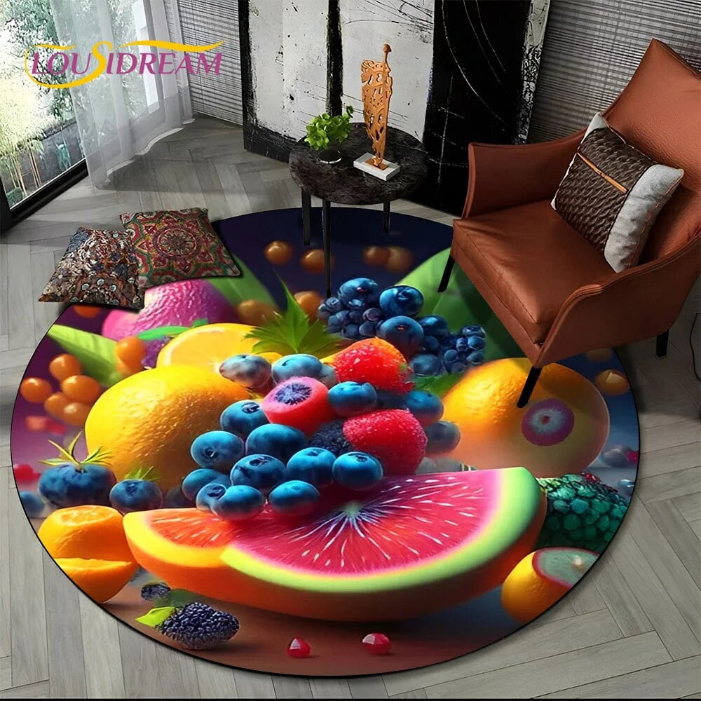 HD Cartoon Cute Tropical Fruits 3D Round Carpet Rug for Living Room ...