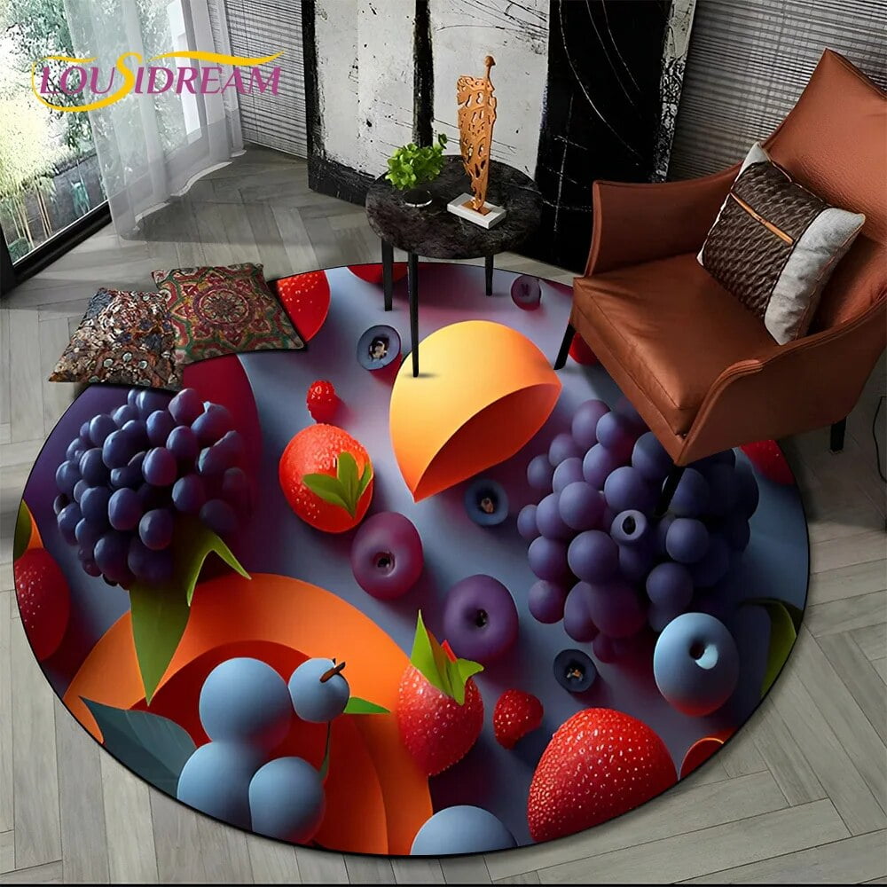 HD Cartoon Cute Tropical Fruits 3D Round Carpet Rug for Living Room ...