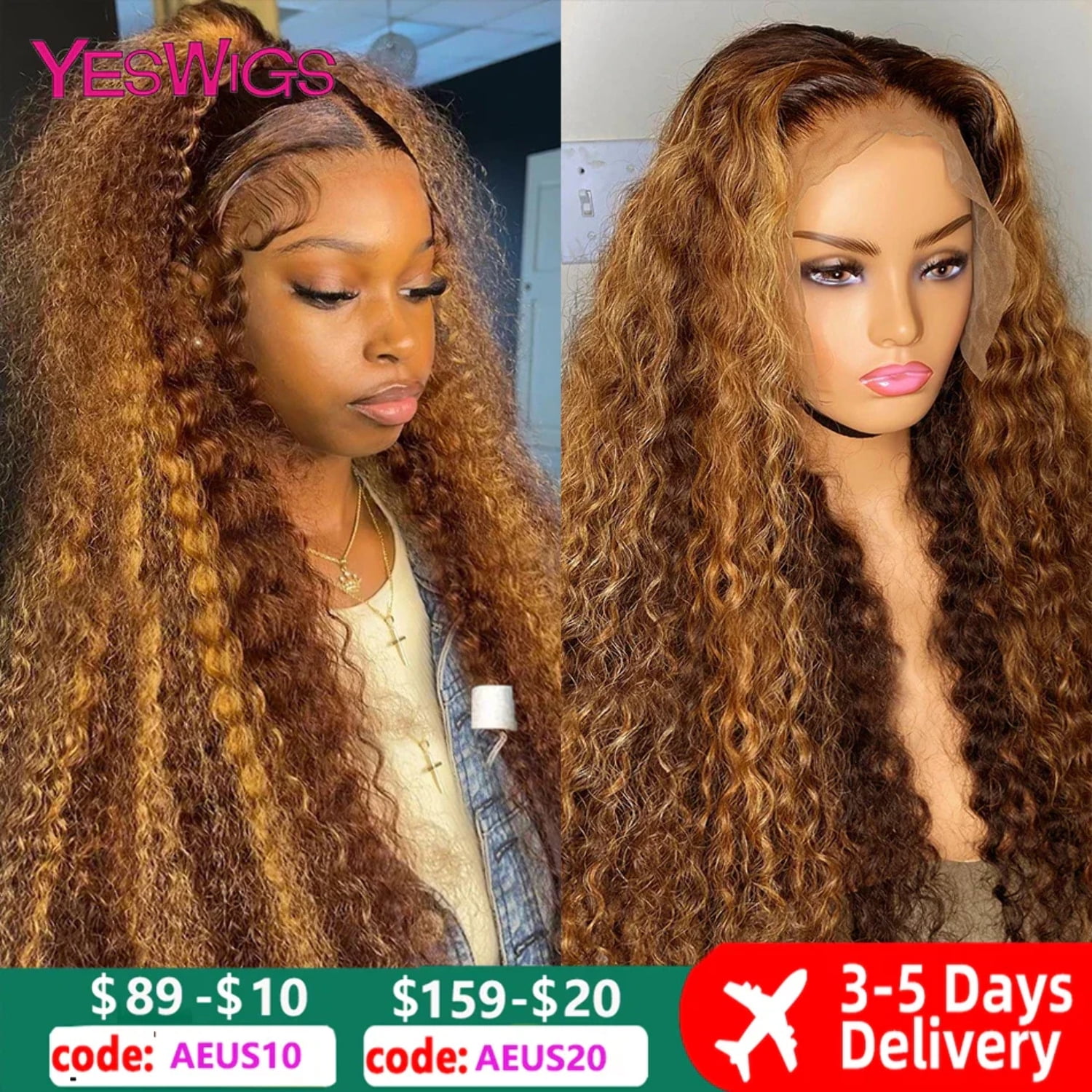 HD Glueless Highlight Wig Human Hair Brown Lace Front Wig Honey Blonde ...