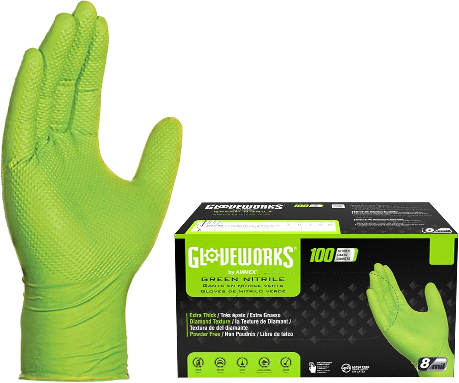 HD Green Gloves, 8 Mil Nitrile Disposable Heavy Duty Raised Diamond ...