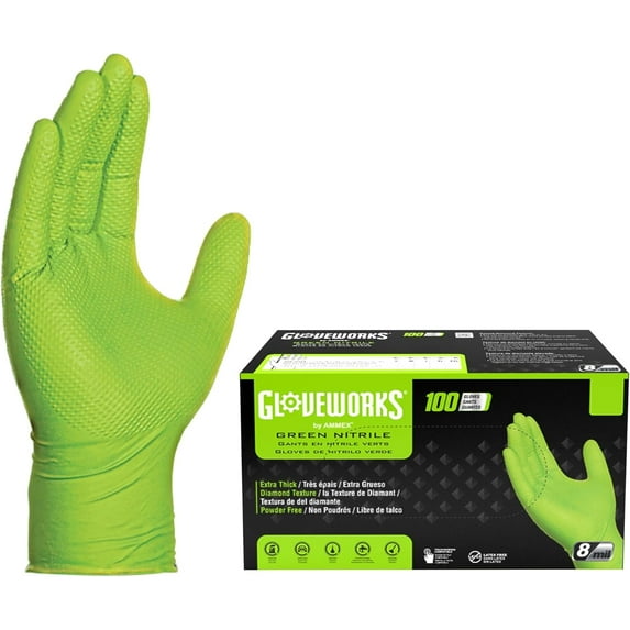 HD Green Gloves, 8 Mil Nitrile Disposable Heavy Duty Raised Diamond ...