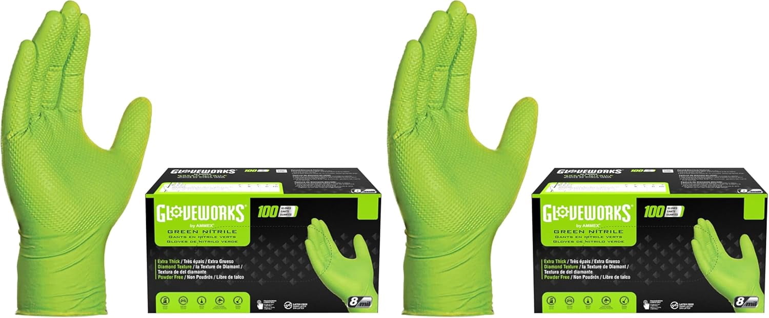 HD Green Gloves, 8 Mil Nitrile Disposable Heavy Duty Raised Diamond ...
