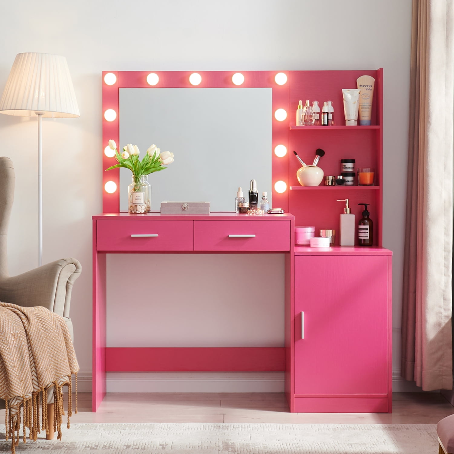 HD JUNTUNKOR Rose Pink Vanity Table, Makeup Table with Lighted Mirror ...