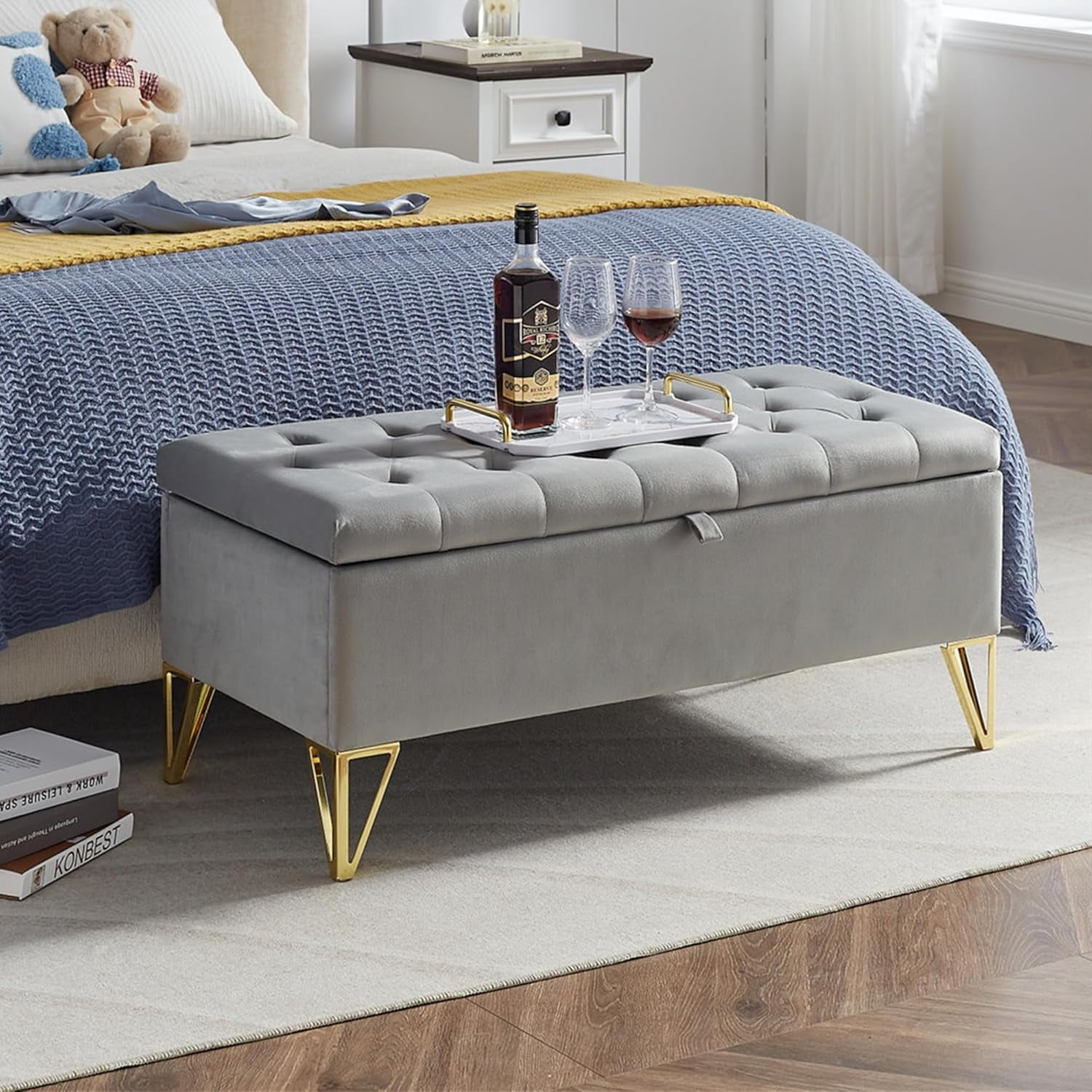 HD JUNTUNKOR Velvet Storage Ottoman Bench, 38.18" Tufted Ottoman Bench ...