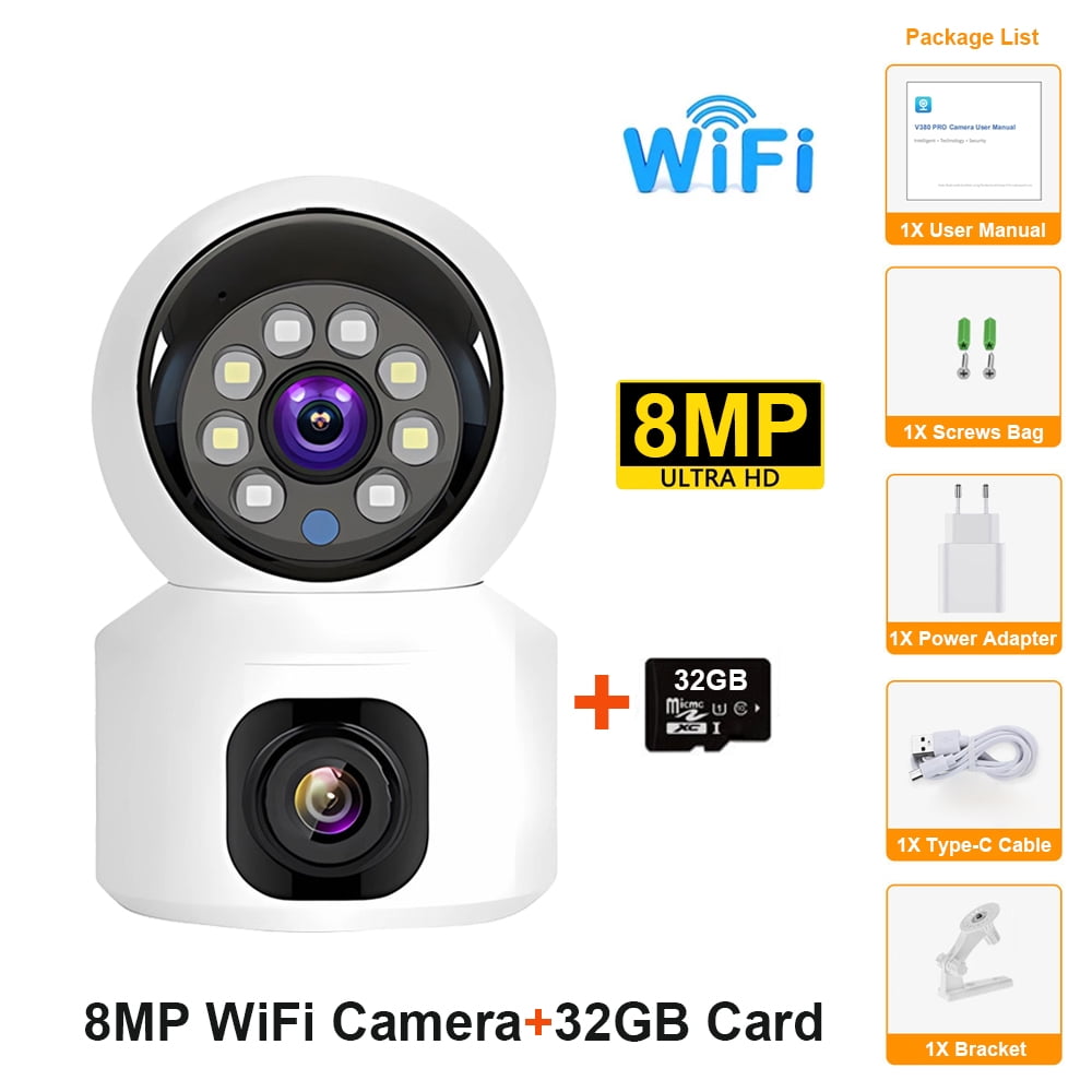 HD Mini Camera Wifi Wireless Dual Lens 8MP IP Cameras Smart Night ...