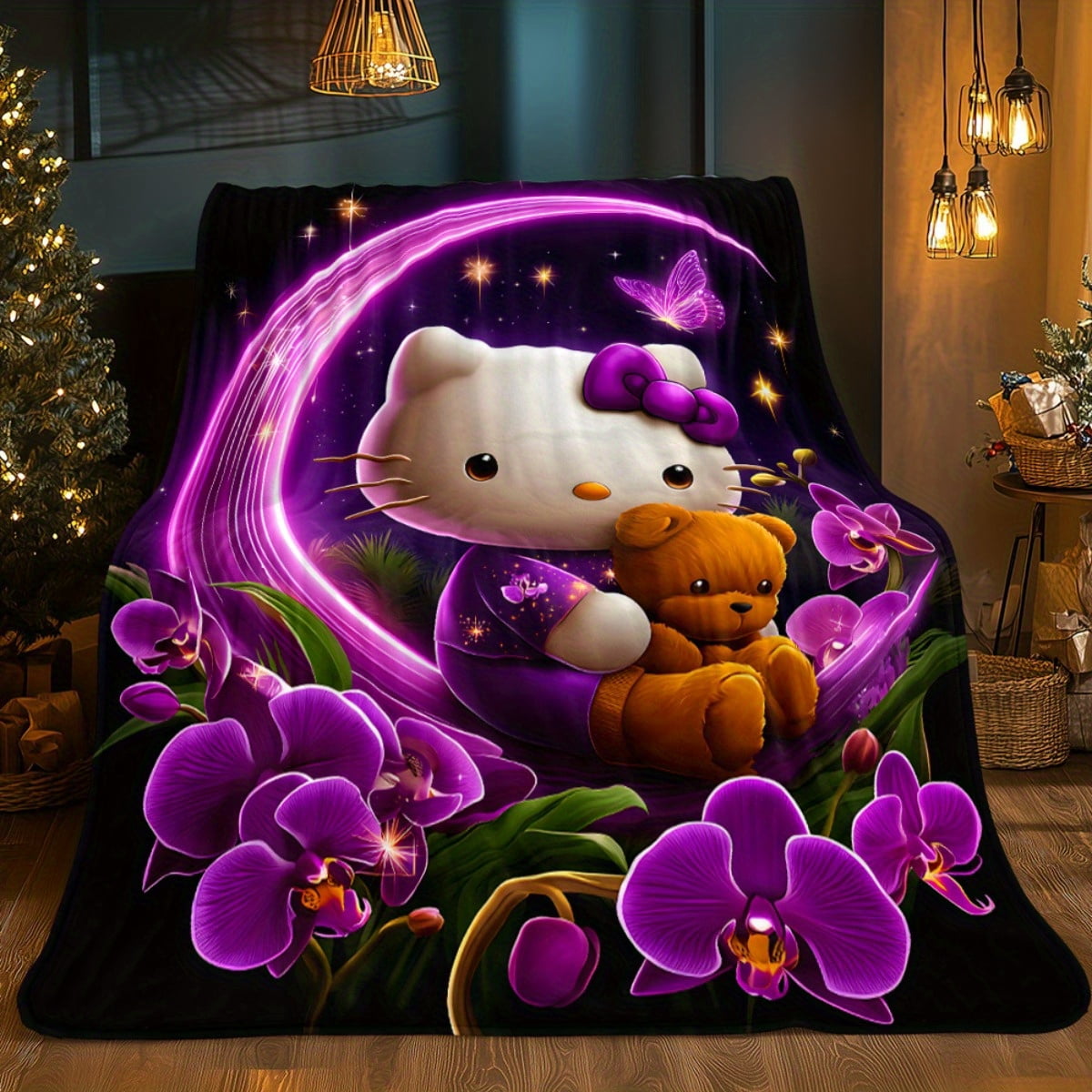 HD Printed Hello Kitty Moon Teddy Bear Flannel Blanket, Soft Cozy ...