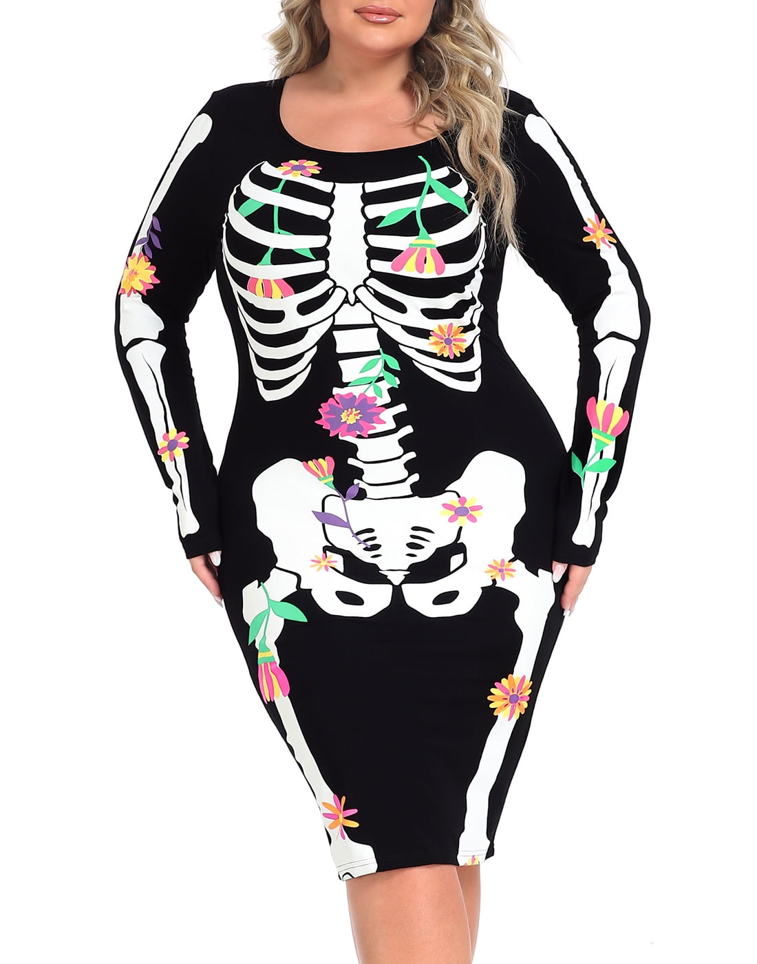 HDE Plus Size Skeleton Dress Stretchy Long Sleeve Halloween Costume Day ...